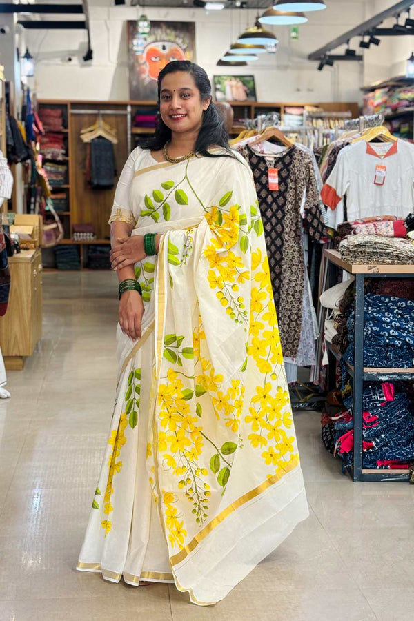 Konnappoo Handpainted Kerala Kasavu Saree – Byhand