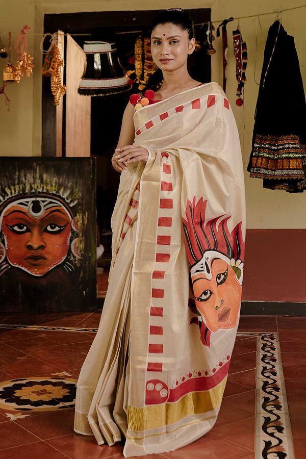 Offwhite Kutti Theyyam Tissue Saree – Byhand